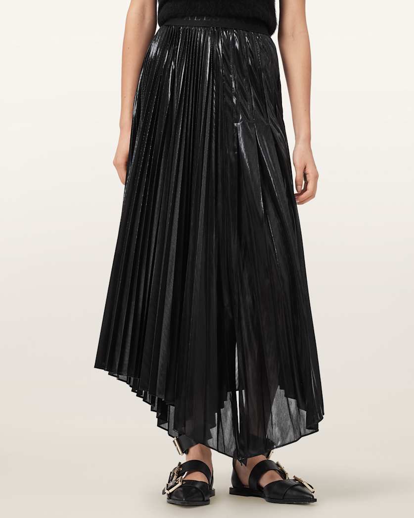 Jax Pleated Midi Skirt METALLIC BLACK | ALLSAINTS Canada
